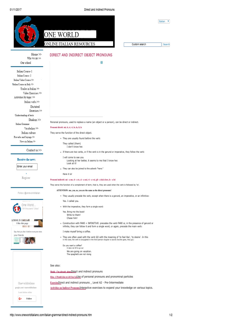 Italian Direct and Indirect Pronouns Guide | PDF | Verb | Semantic Units