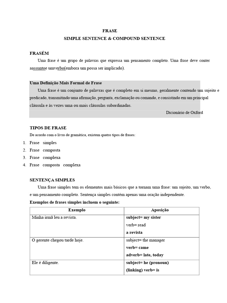 Frase Simples e Frase Composta | PDF | Assunto (gramática) | Sintaxe