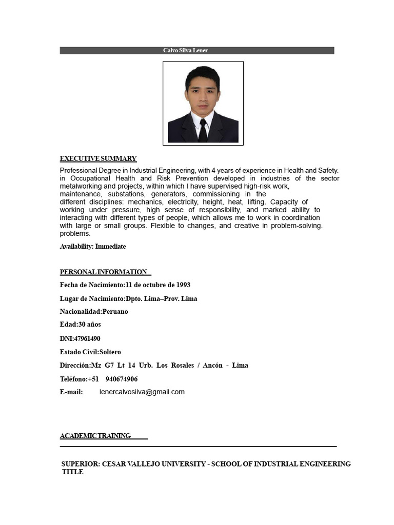 Documented CV - Lener Calvo Silva | PDF | Occupational Safety And ...