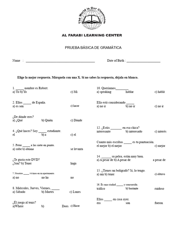 Prueba de Gramática Básica | PDF | Gramática | Gramática inglesa