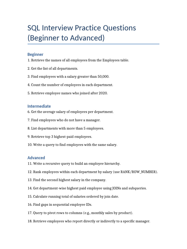 SQL Interview Practice Questions | PDF