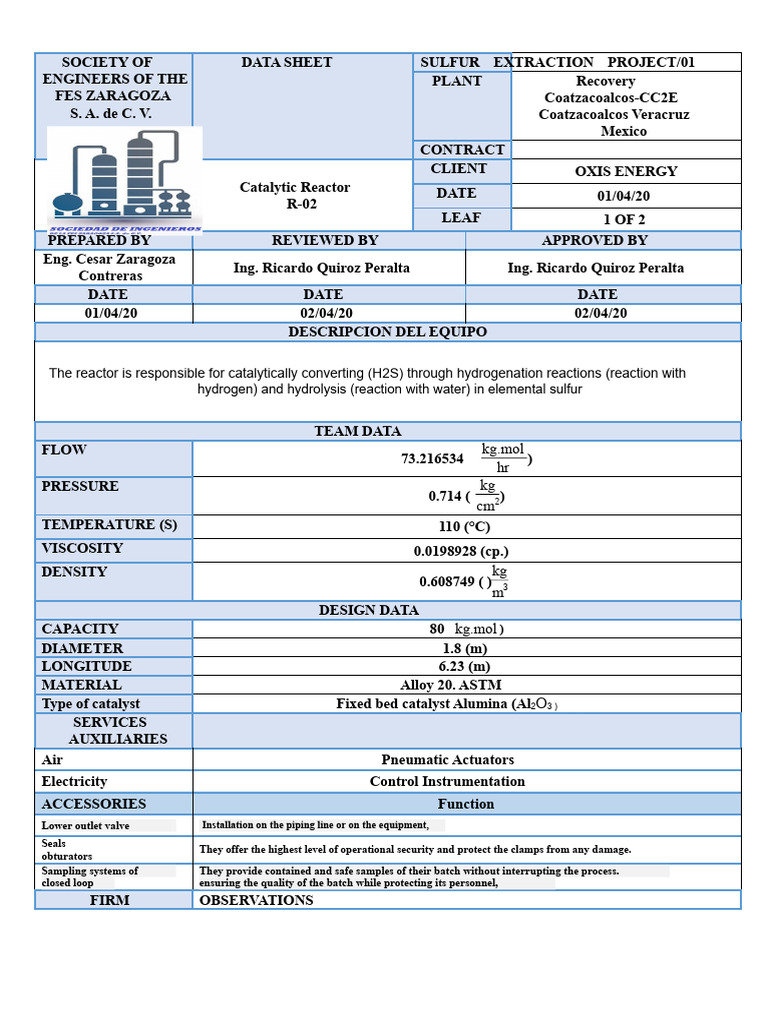 Sulfur Extraction Project Data Sheet | PDF | Catalysis | Valve