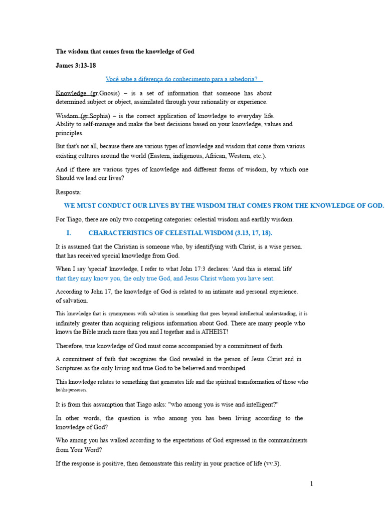 The Wisdom That Comes From The Knowledge of God - James-3 (13-18) | PDF ...