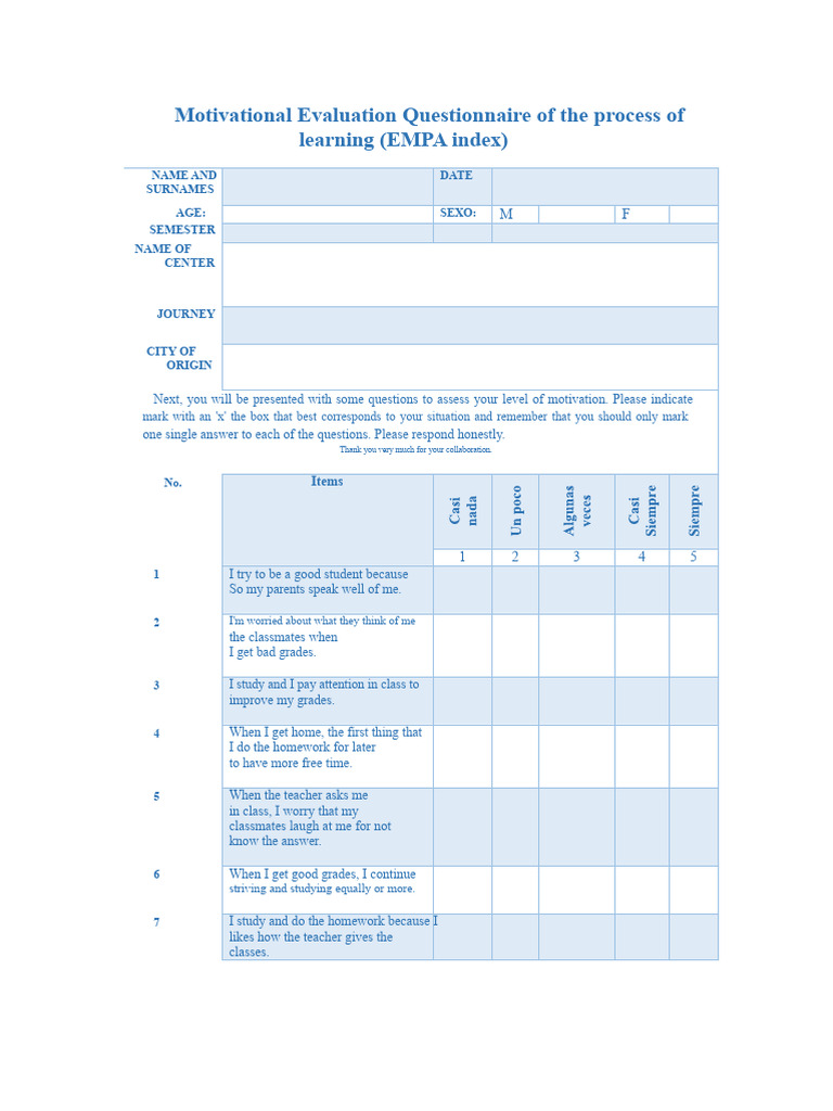 Motivational Evaluation Questionnaire | PDF | Motivational | Motivation
