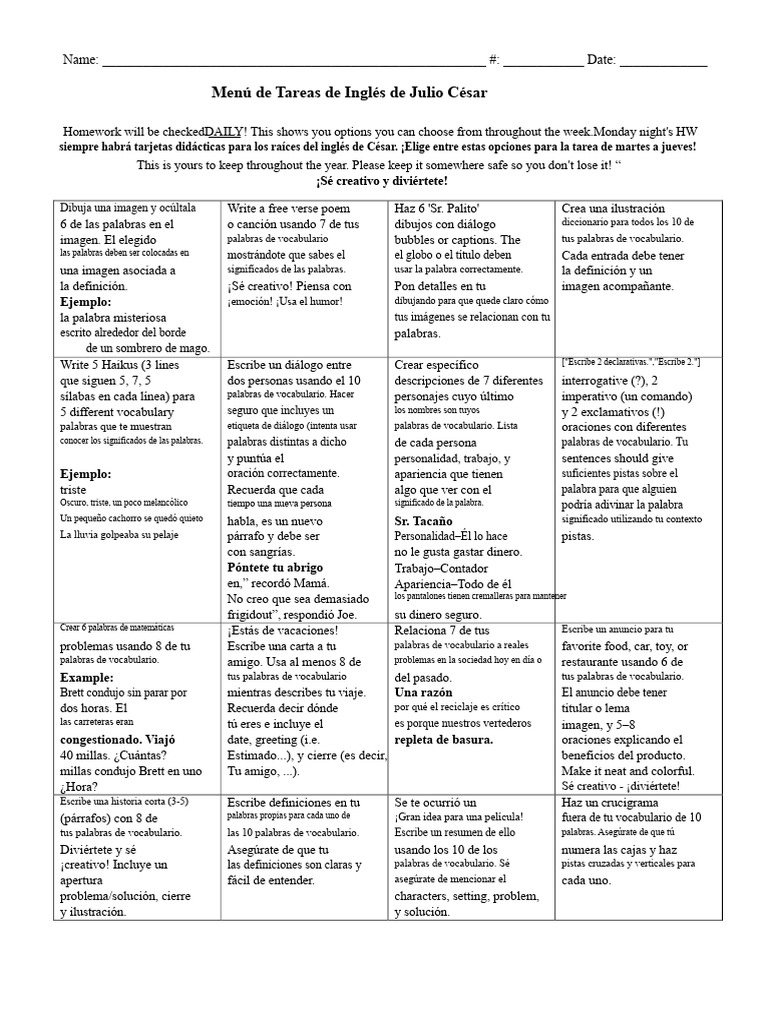 Menú de Tarea de Inglés de César | PDF