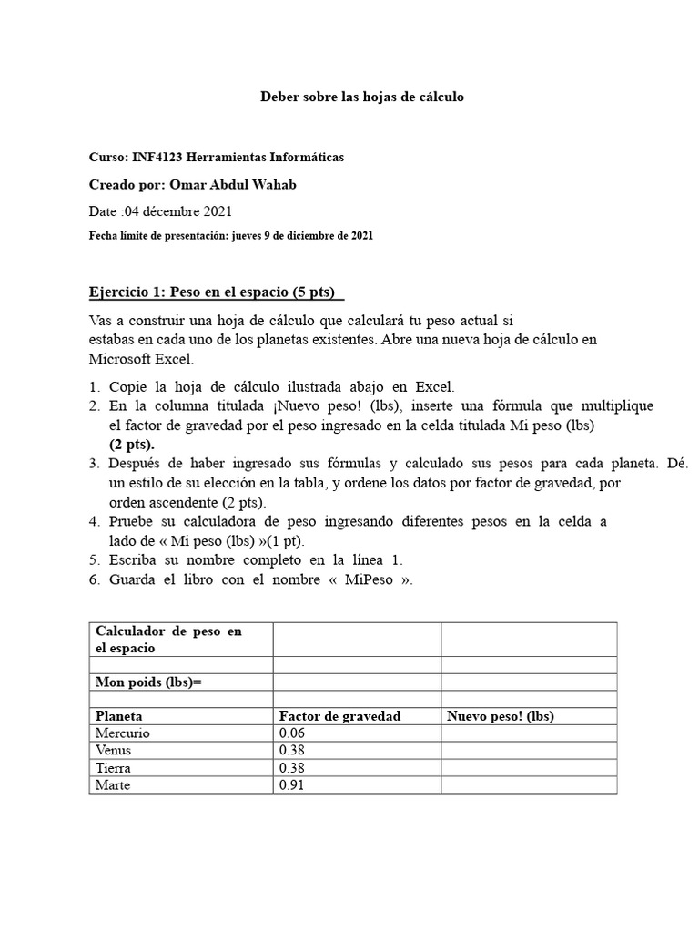 Deber Excel | PDF | Hoja de cálculo | Planetas