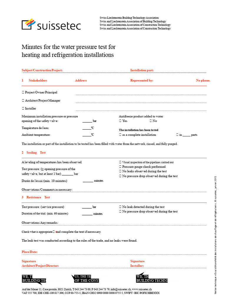 Minutes for the Pressure Test with Water for Heating and Refrigeration ...