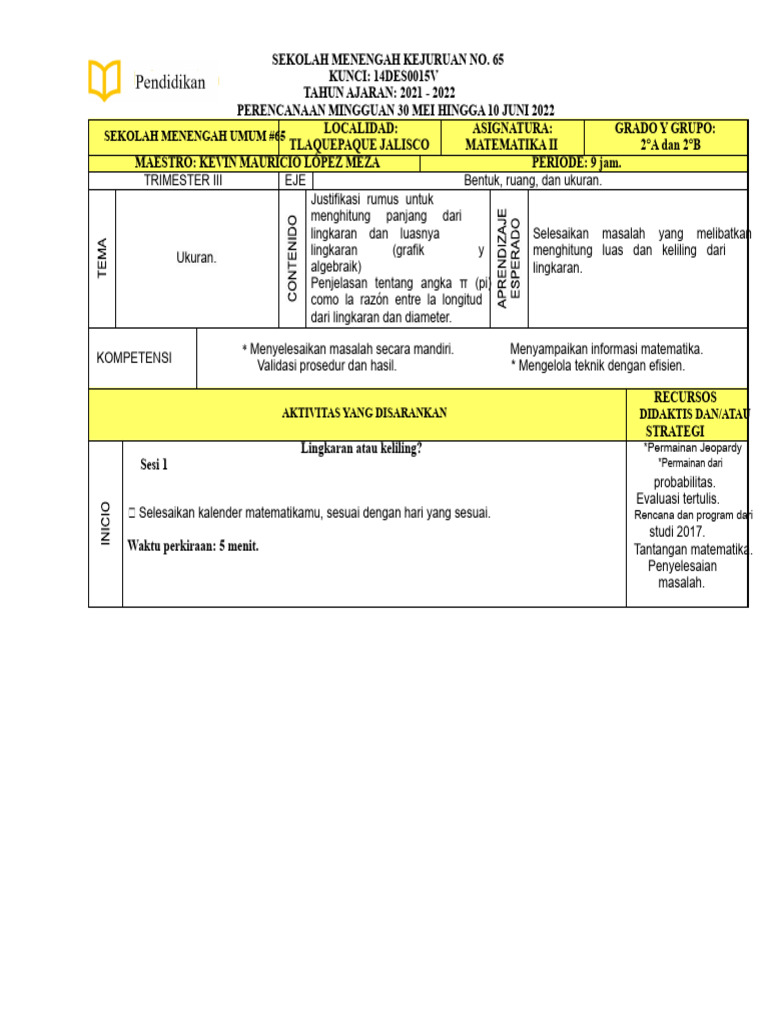 Rencana Pembelajaran Matematika II SMK 65 | PDF