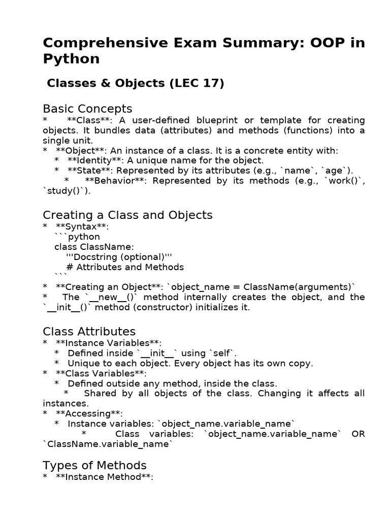 Comprehensive Exam Summary, OOP in Python | PDF | Programming ...