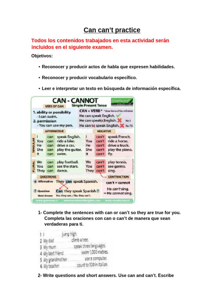 Ejercicio de habilidades con "can" y "can’t" | PDF