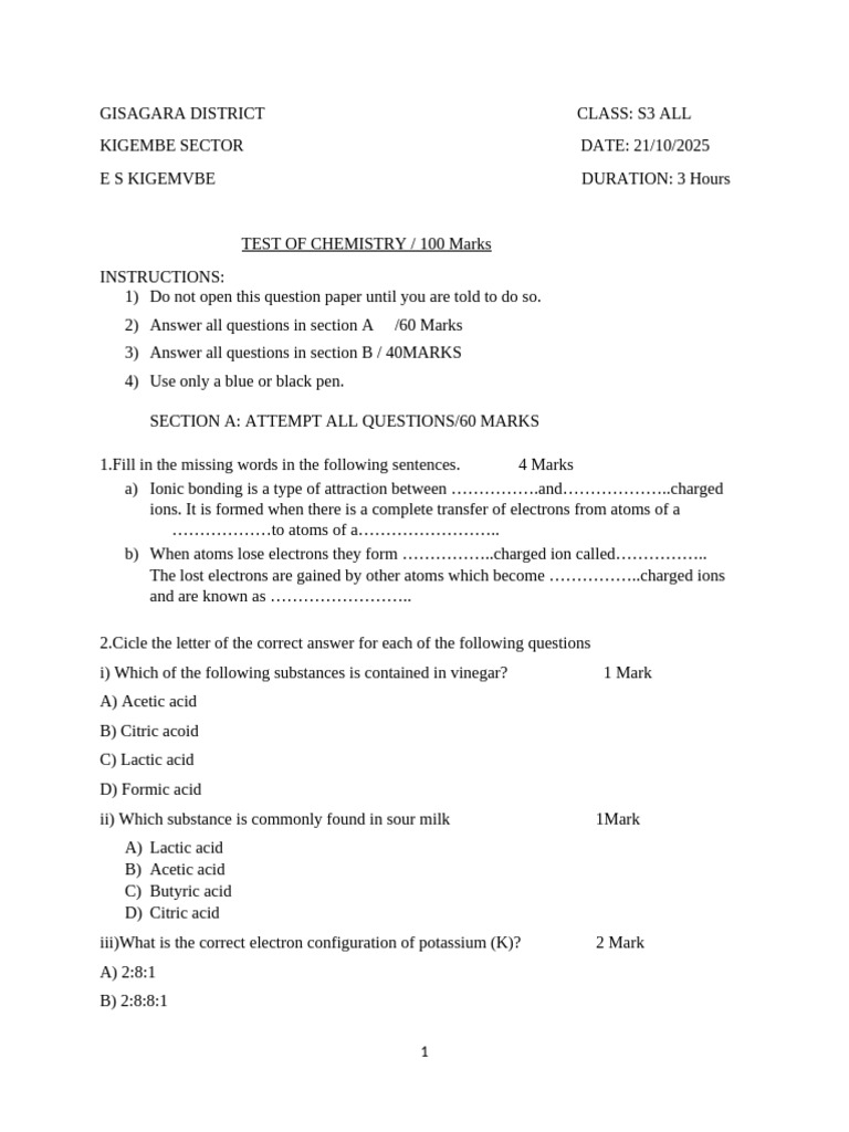 Chemistry Test (Autosaved) | PDF | Ion | Chemical Bond