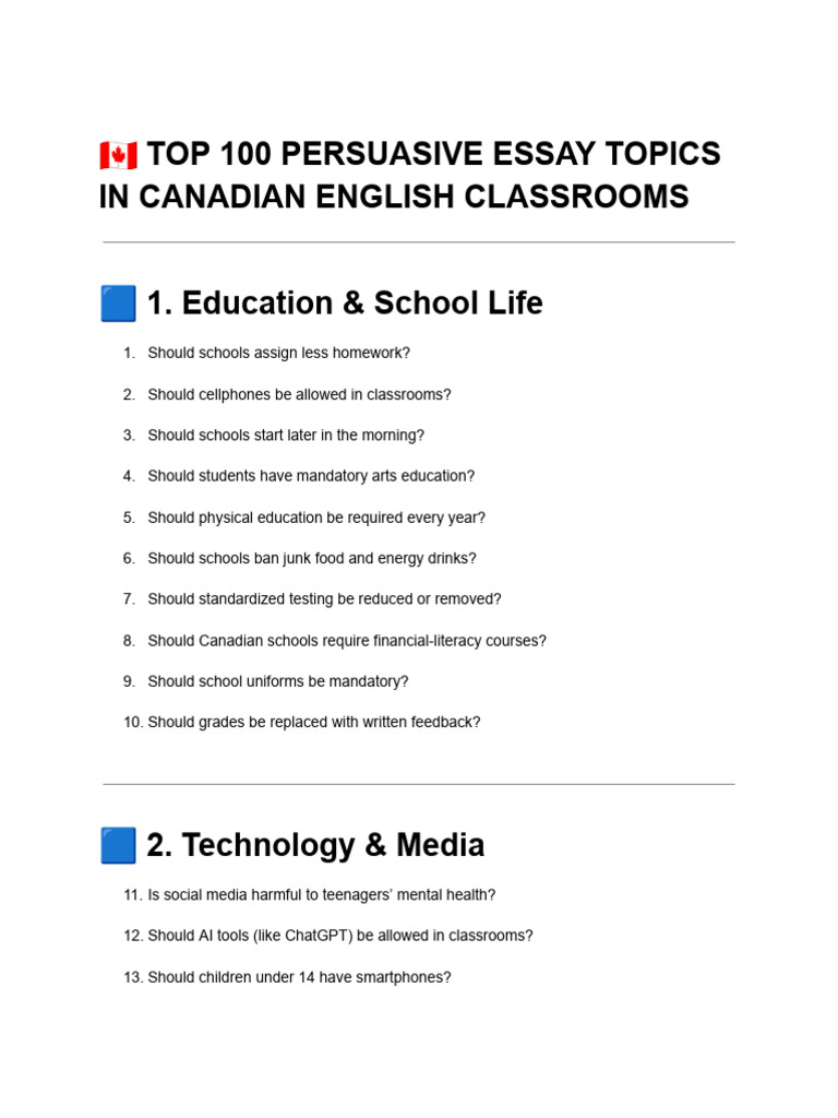 Top 100 Persuasive Essay Topics Canada | PDF