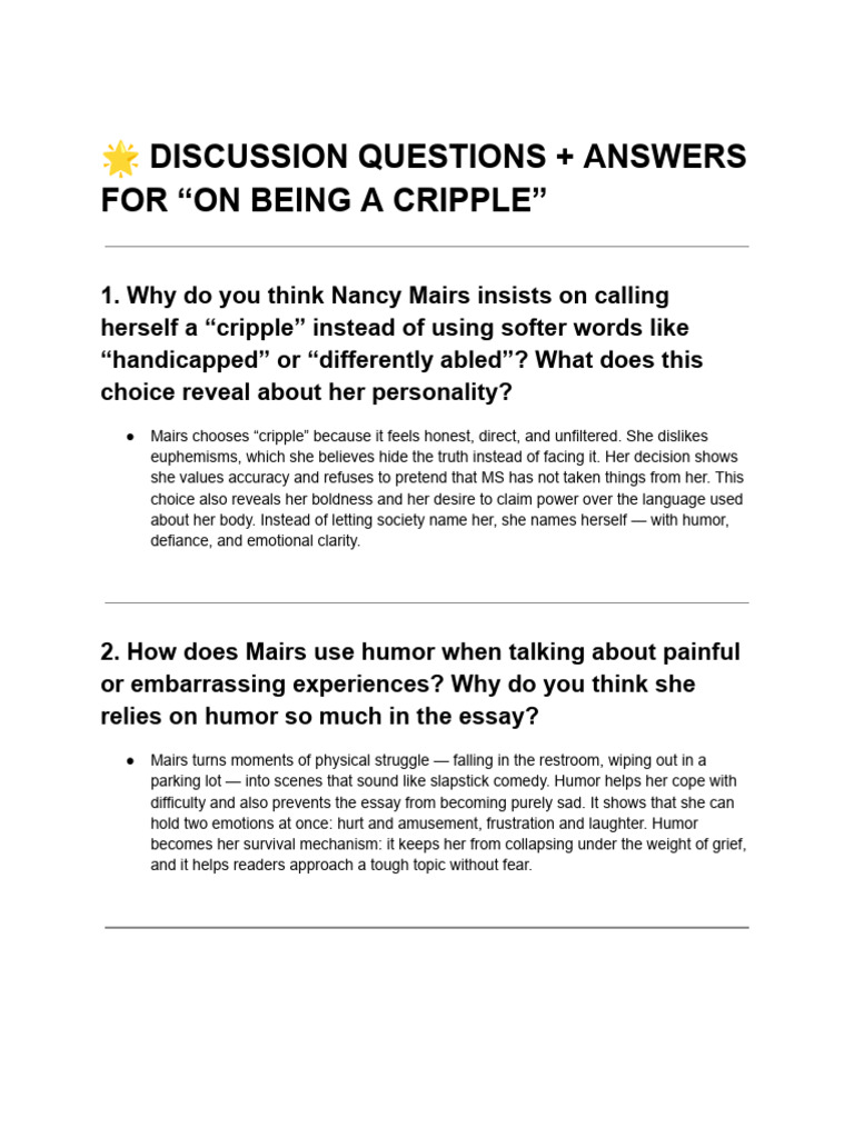 On Being a Cripple Discussion Questions | PDF | Essays | Humour