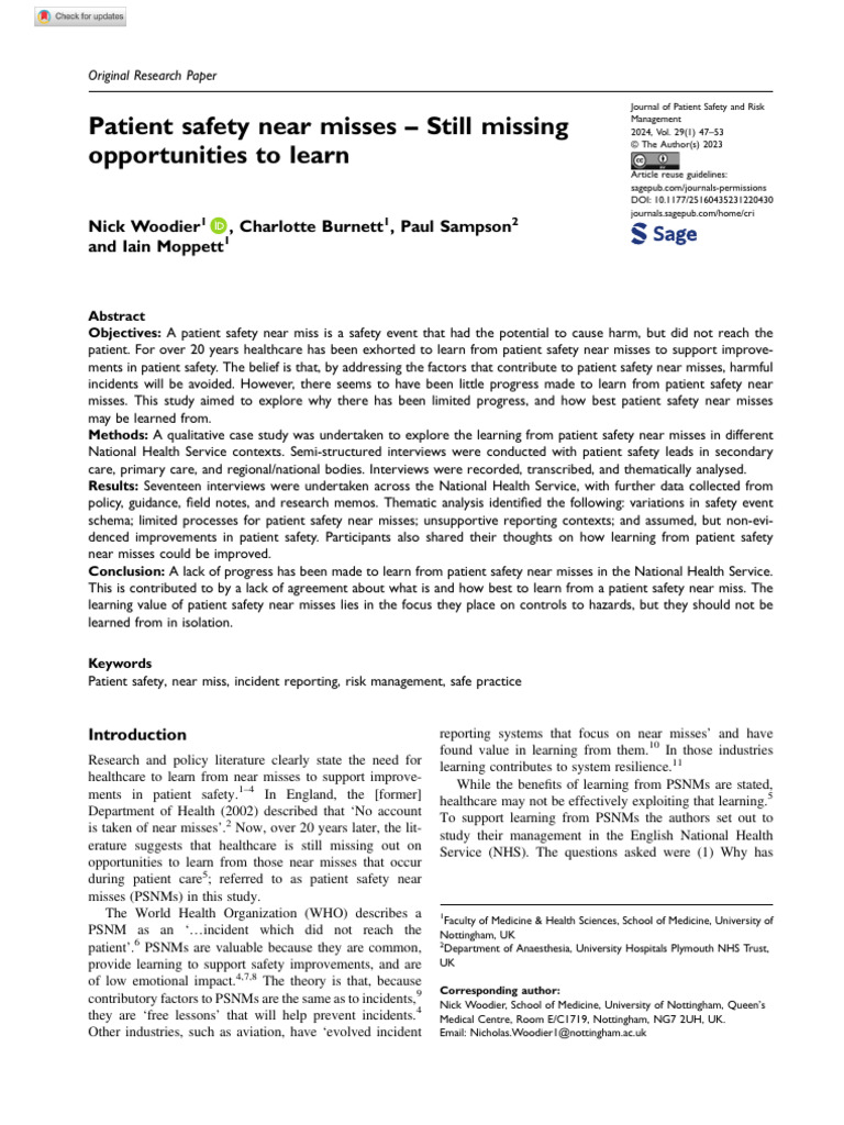 Learning from Patient Safety Near Misses | PDF | Patient Safety | Risk
