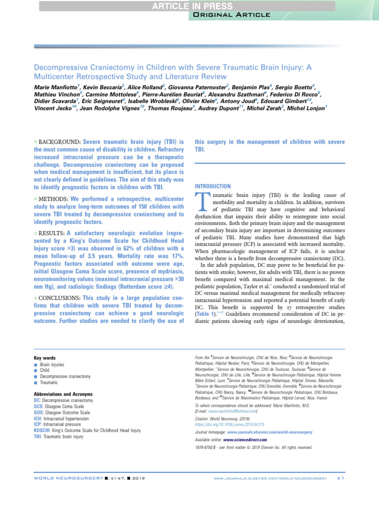 Decompressive Craniectomy Outcomes in Children | PDF | Traumatic Brain ...