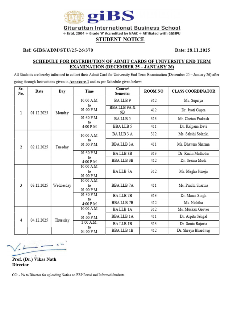 370 - Student Notice DISTRIBUTION OF ADMIT CARDS FOR BALLB & BBALLB Dec ...