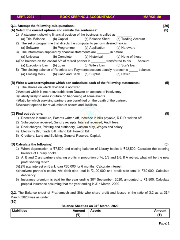 Bookkeeping & Accountancy Exam Questions | PDF | Balance Sheet | Debits ...