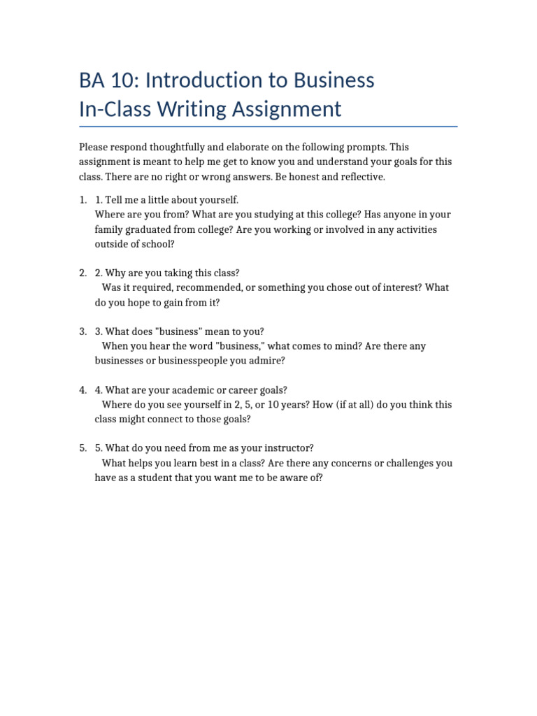 BA 10 in Class Activity Introduction Writing Assignment | PDF