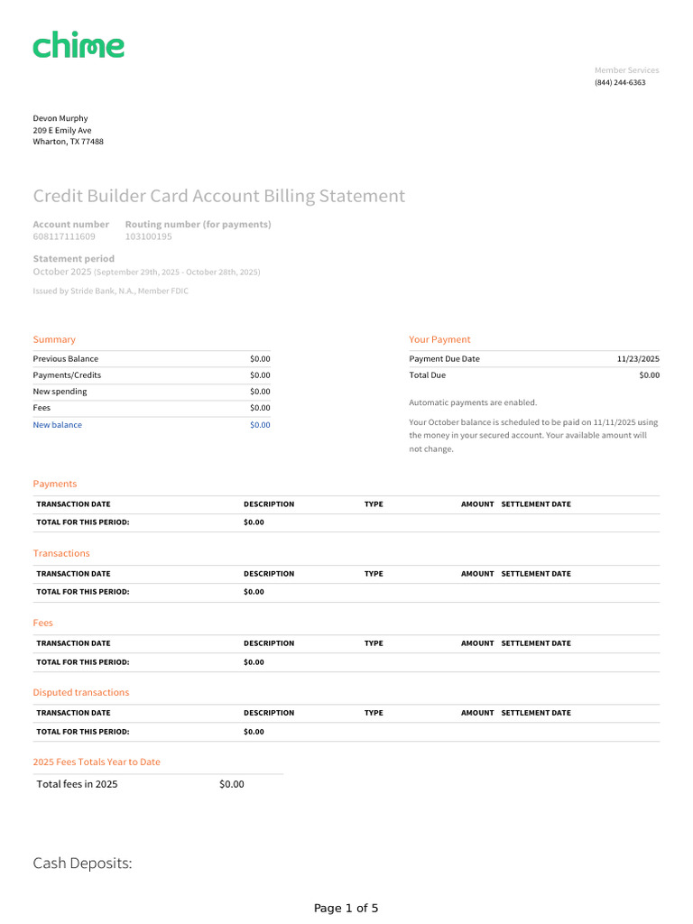 Chime Credit Statement October 2025 | PDF | Credit Card | Payments