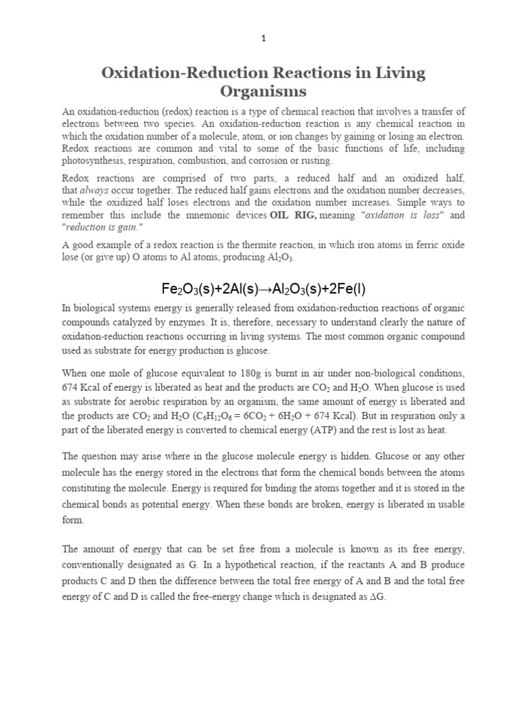 Redox Reactions in Biological Systems | PDF | Redox | Nicotinamide ...