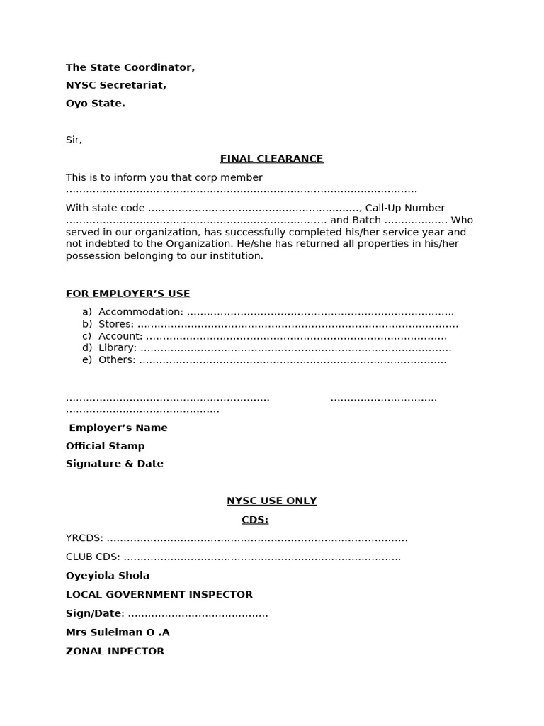 NYSC Final Clearance Certificate Template | PDF