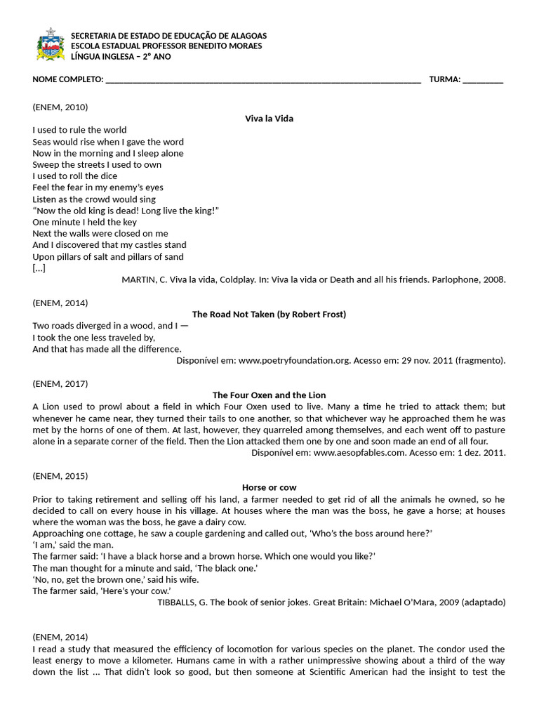 ENEM English Texts for 2nd Year Students | PDF