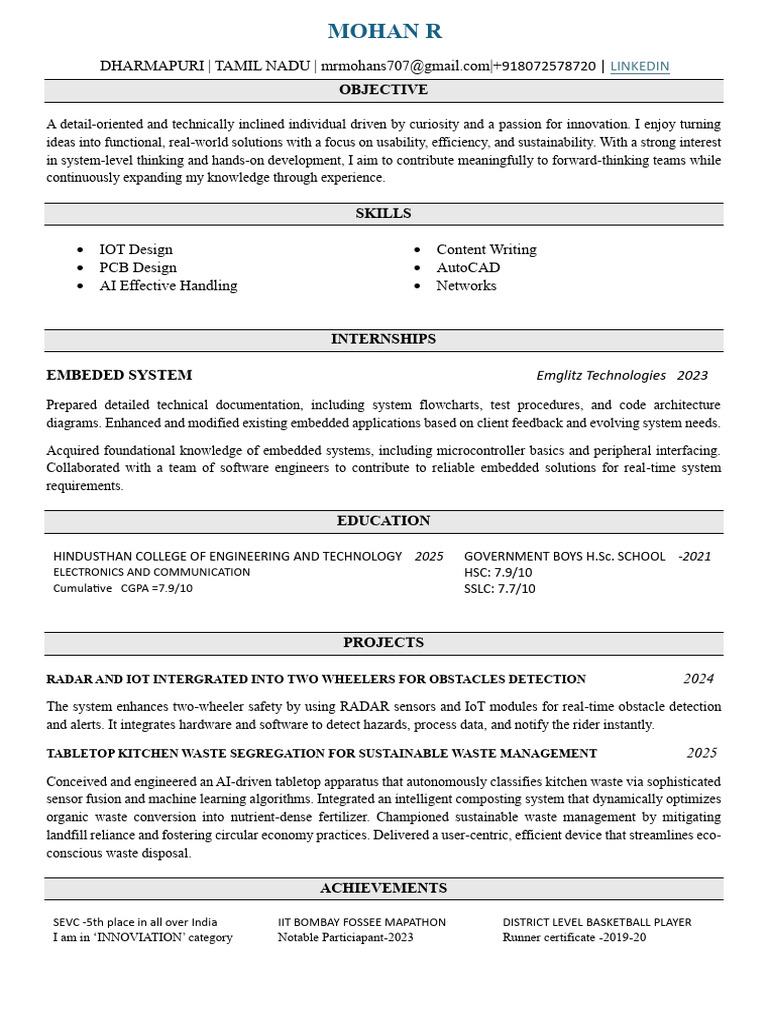 Mohan Resume | PDF | Internet Of Things | Embedded System