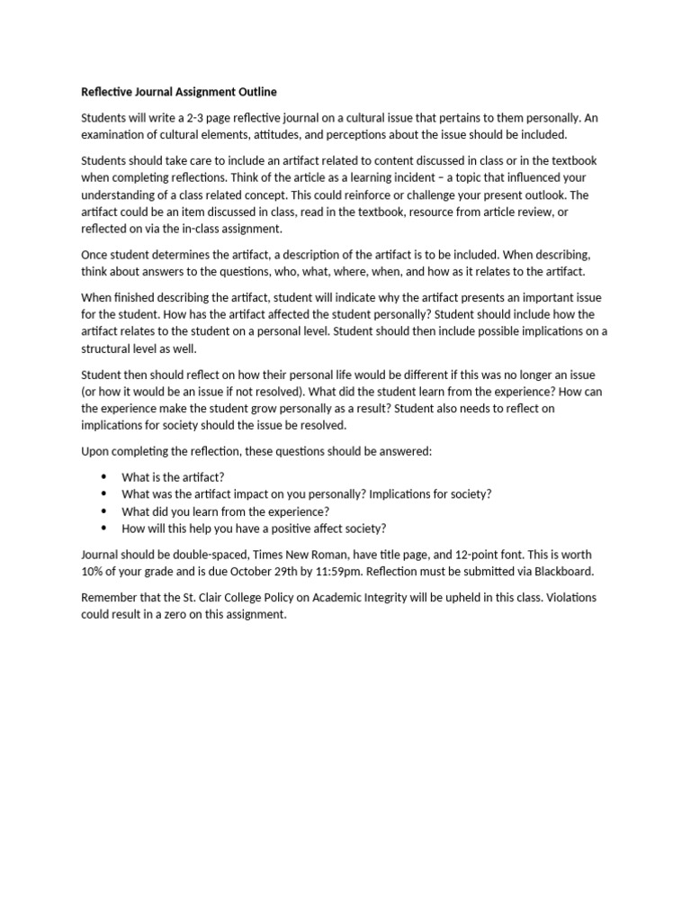 Reflective Journal Assignment Outline F23 | PDF | Experience | Social ...