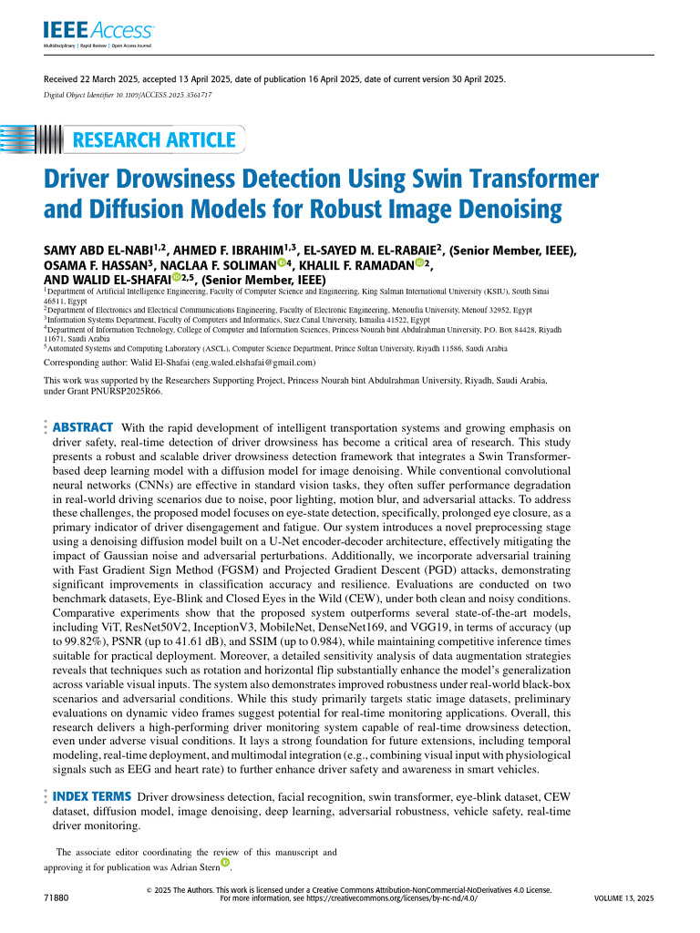 Driver Drowsiness Detection Using Swin Transformer and Diffusion Models ...
