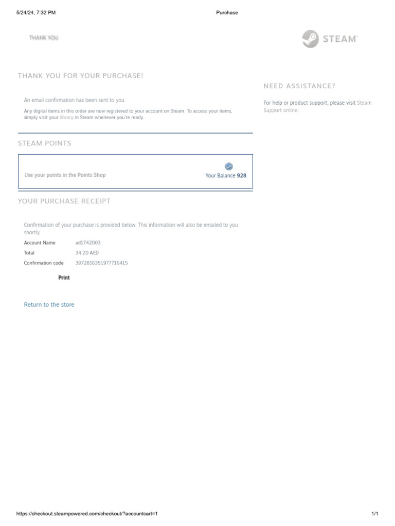 Steam Purchase Confirmation Receipt | PDF