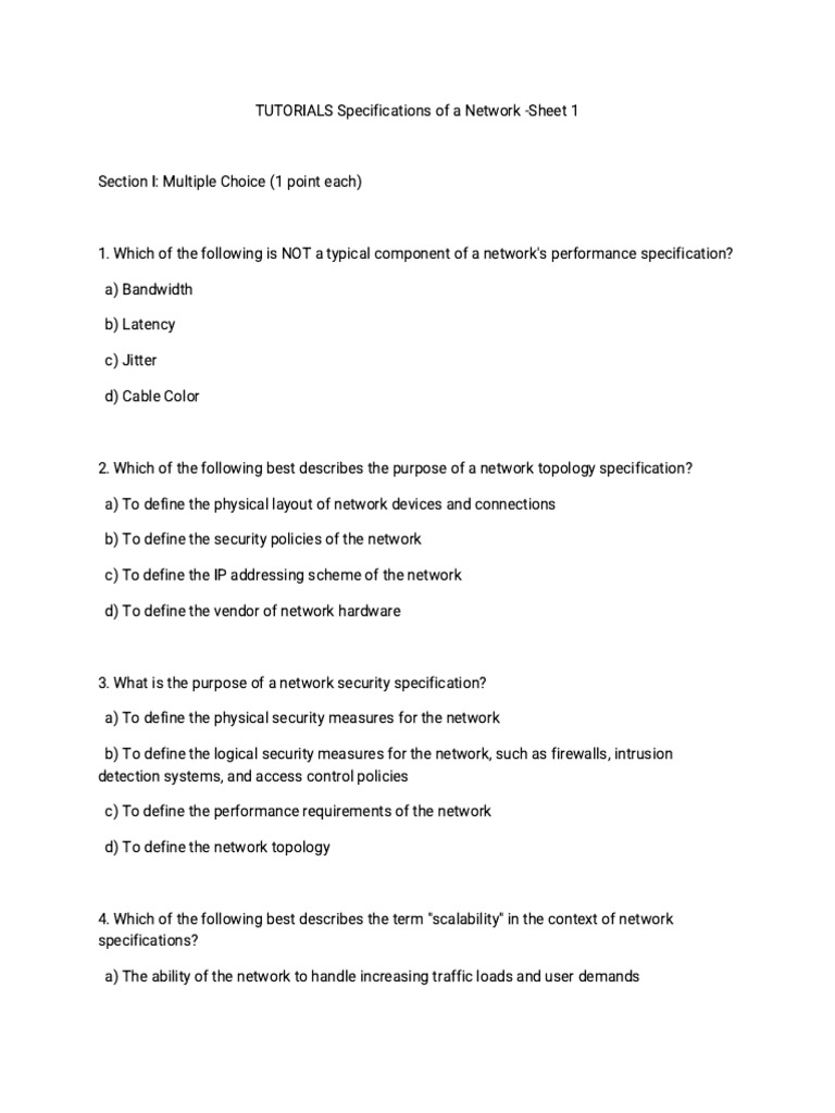 TUTORIALS Specifications of Networks Sheet 1 | PDF | Computer Network ...