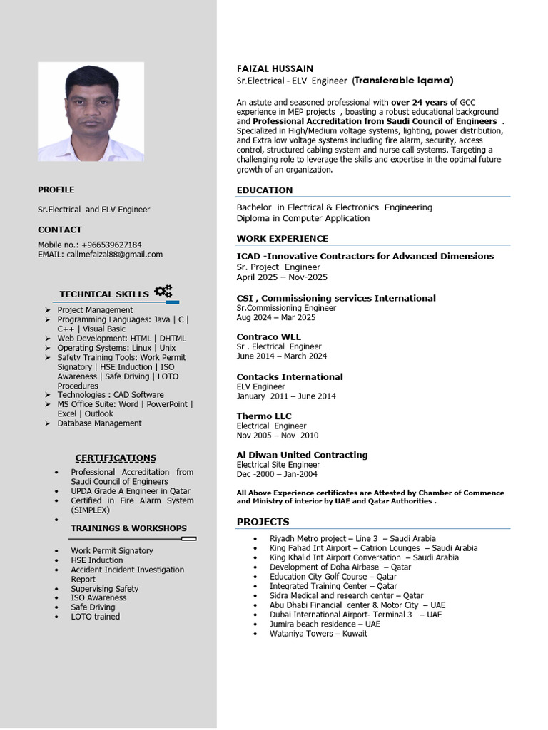 Faizal Hussain Sr. Project Elec-ELV Engineer Resume | PDF ...