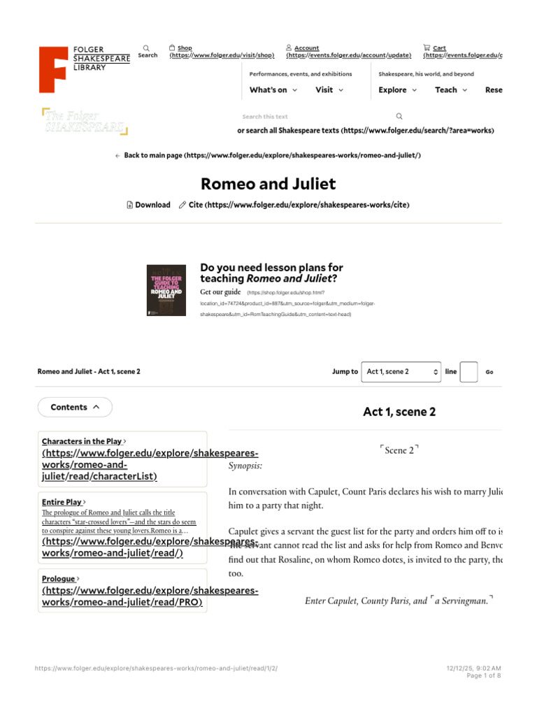 Romeo and Juliet - Act 1, Scene 2 - Folger Shakespeare Library | PDF ...