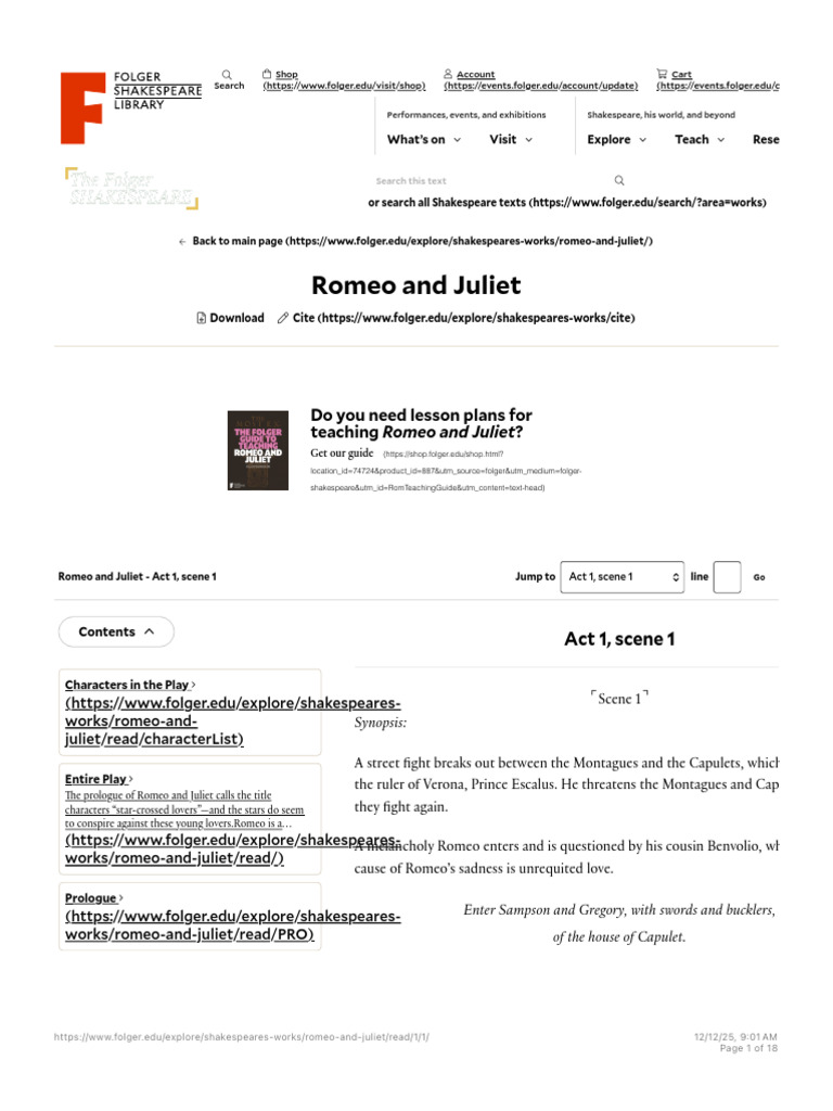 Romeo and Juliet - Act 1, Scene 1 - Folger Shakespeare Library | PDF ...