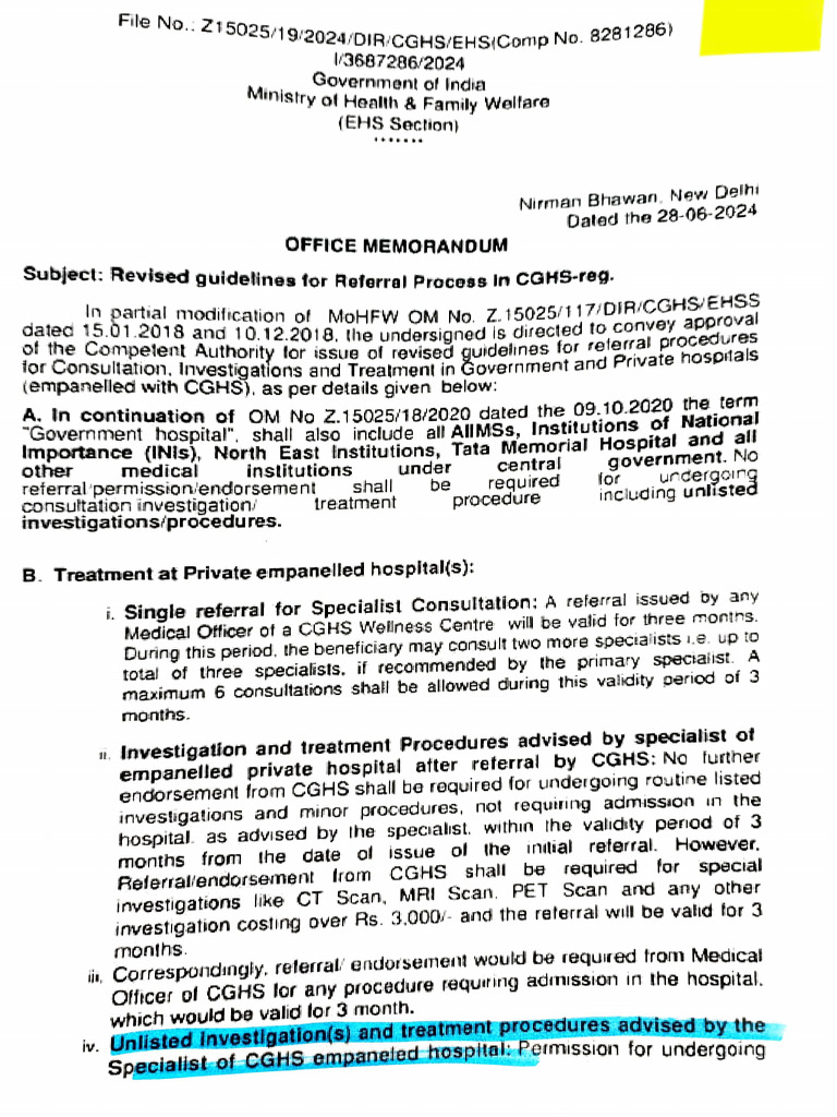 Revised CGHS Referral Guidelines 2024 | PDF