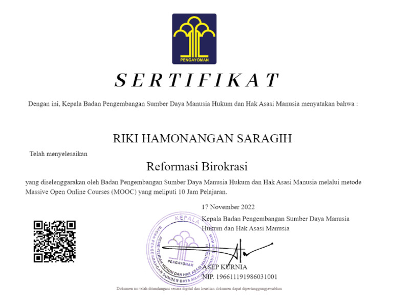 Certificate For Riki Hamonangan Saragih | PDF