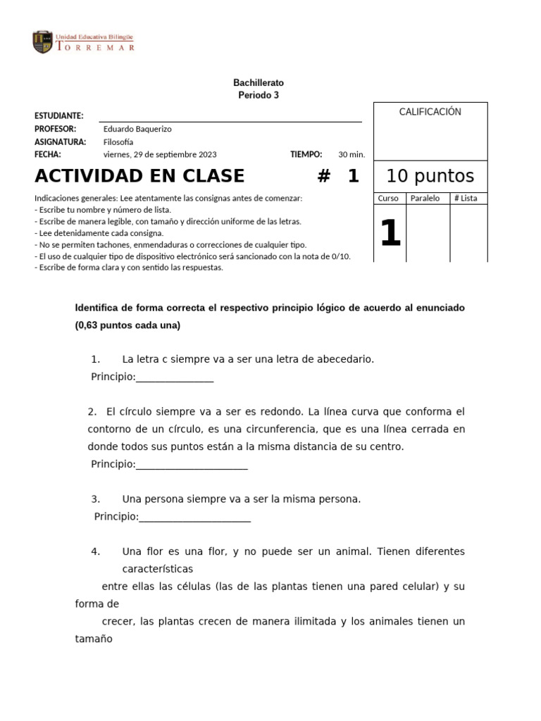 Actividad de Filosofía: Principios Lógicos | PDF | Masa | Agua