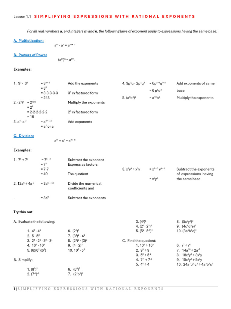 Simplifying Expressions with Exponents | PDF | Multiplication ...