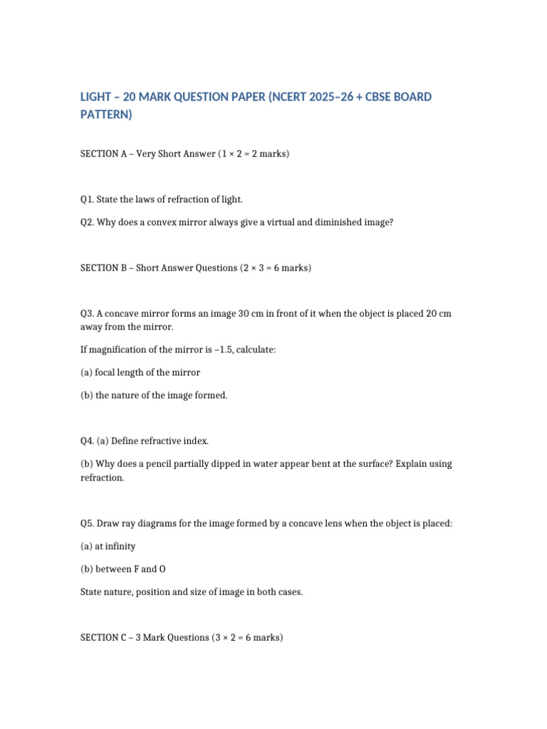 Light 20 Mark Question Paper | PDF