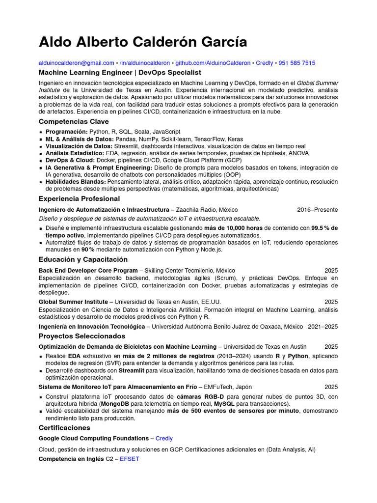 Resume Aldo Calderon | PDF | Aprendizaje automático | Internet de las Cosas
