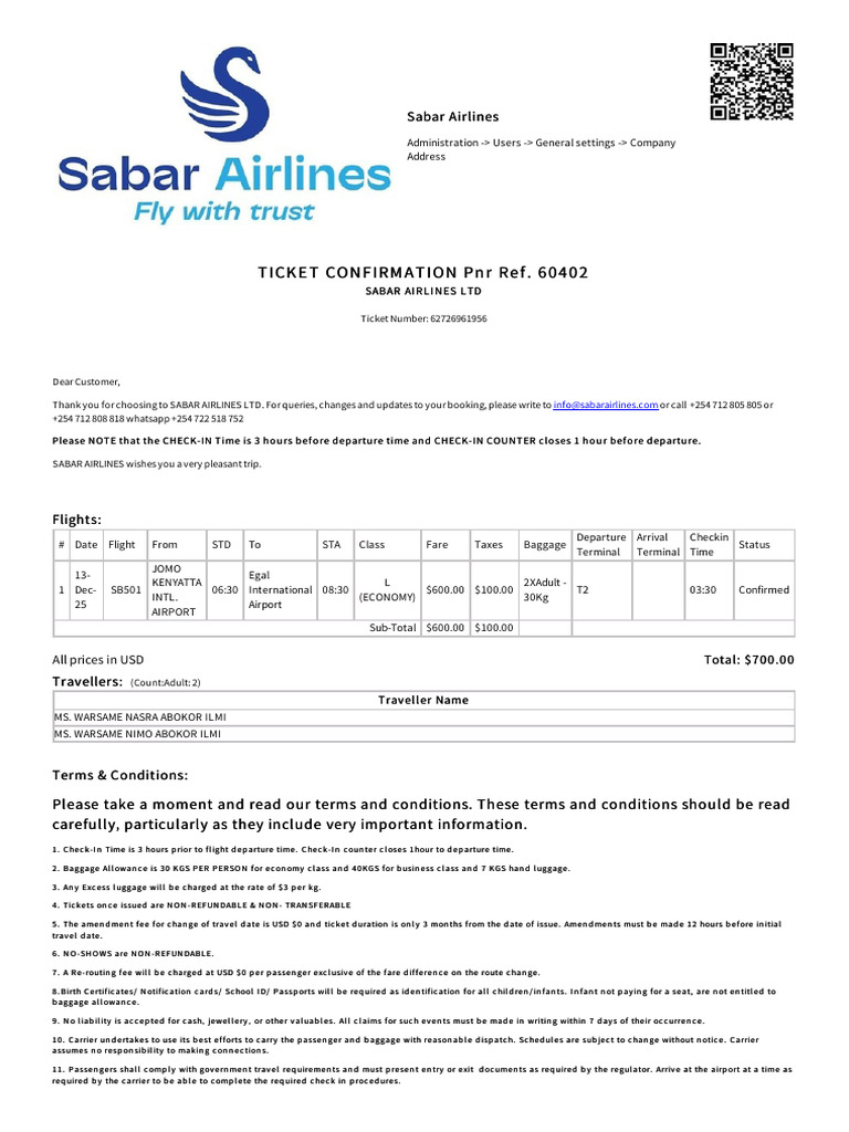Sabar Airlines Ticket Confirmation 60402 | PDF
