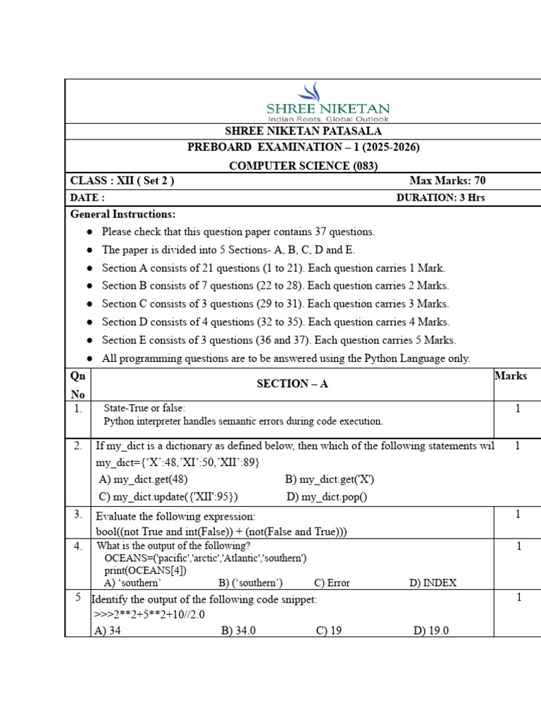 Class XII Computer Science Preboard Exam | PDF | Computer Engineering ...