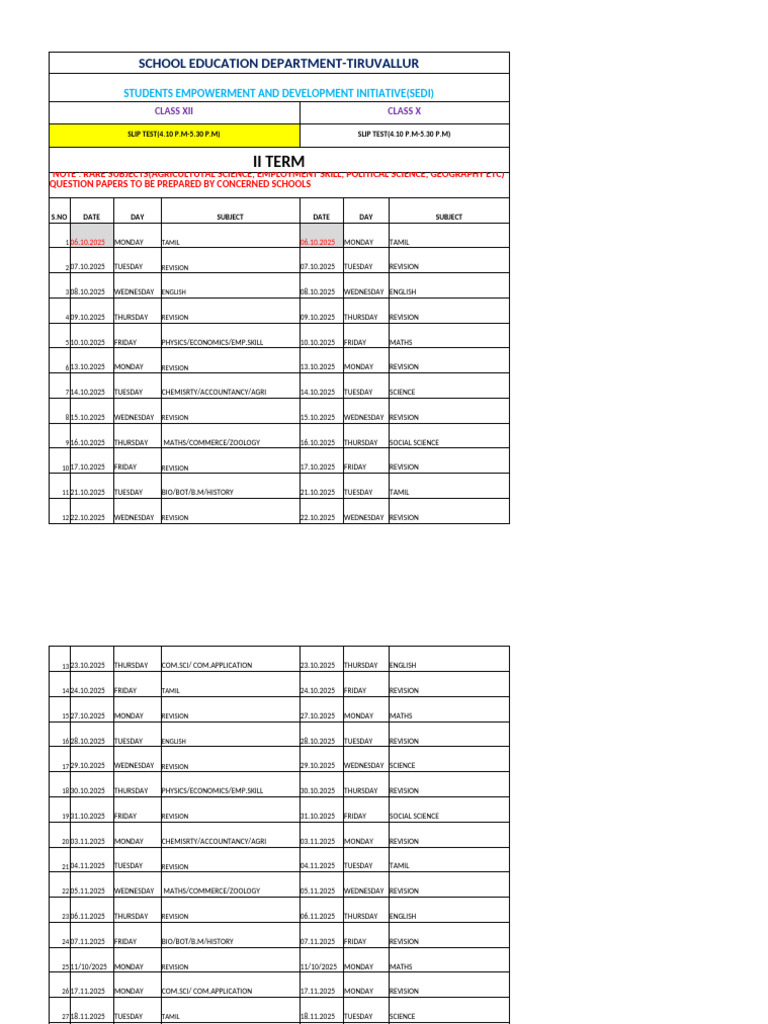 II Term Slip Test Schedule 2025-2026 Revised | PDF | Science