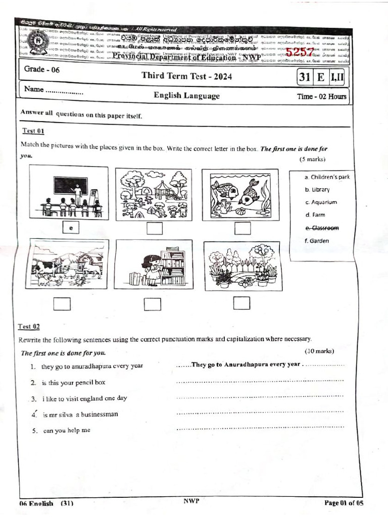 English - Grade 6 - Third Term Test 2024 - NWP | PDF
