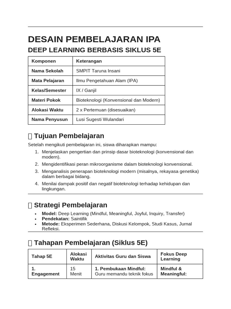 Desain Pembelajaran IPA Bioteknologi 5E | PDF