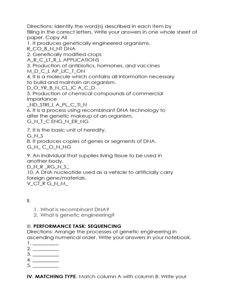 Genetic Engineering Vocabulary Quiz | PDF