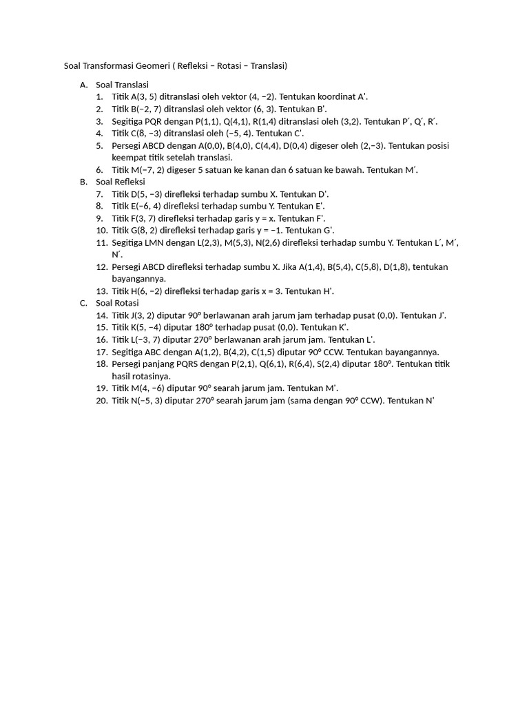 Soal Transformasi Geometri: Translasi, Refleksi, Rotasi | PDF