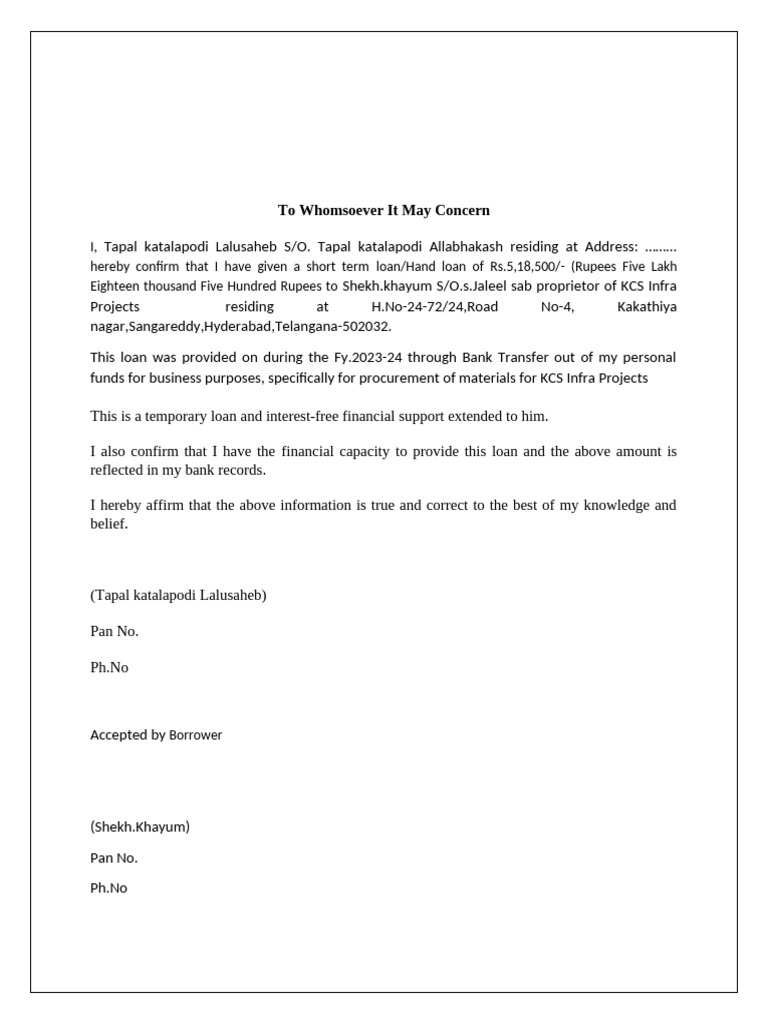Acknowledgement Letter For Borrow Money | PDF