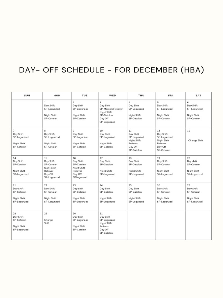 December Day-Off Schedule HBA | PDF | Warships