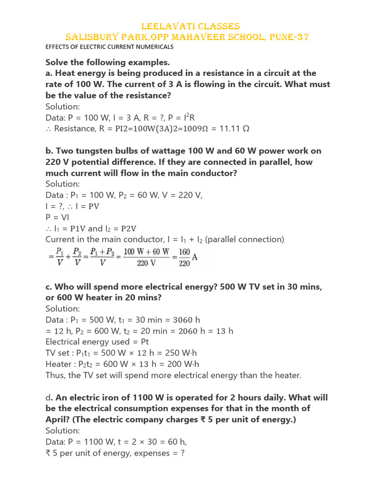 Effects of Electric Current Numerical Problems | PDF | Electric Current ...